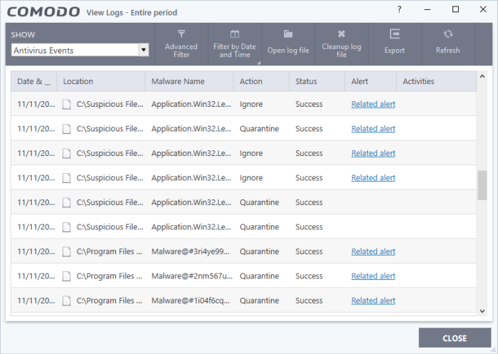 Antivirus Logs, Virus Protection Software, Antivirus Events Log |Comodo Client Security